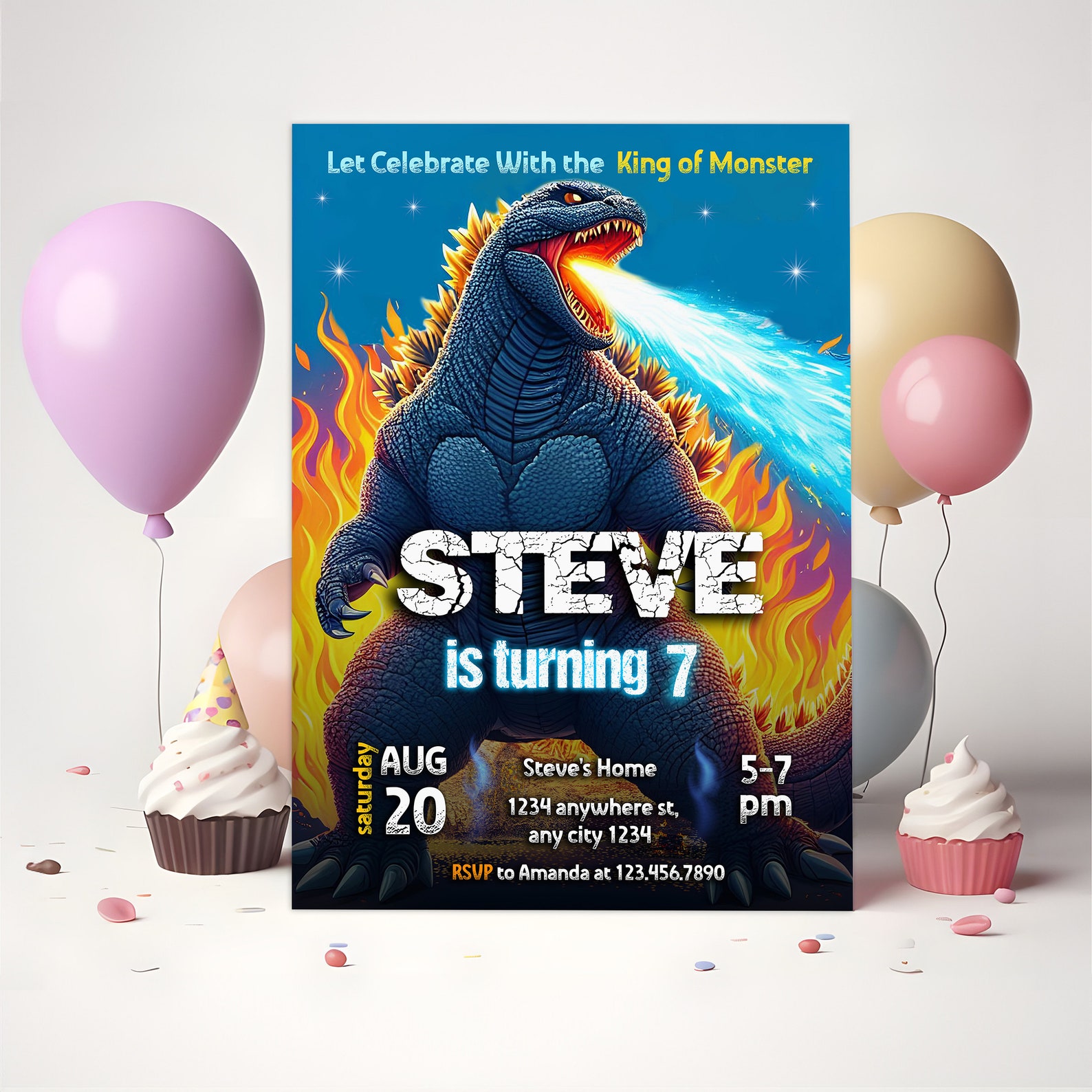 Godzilla Invitation, Godzilla Boys Editable Birthday Invitation ...