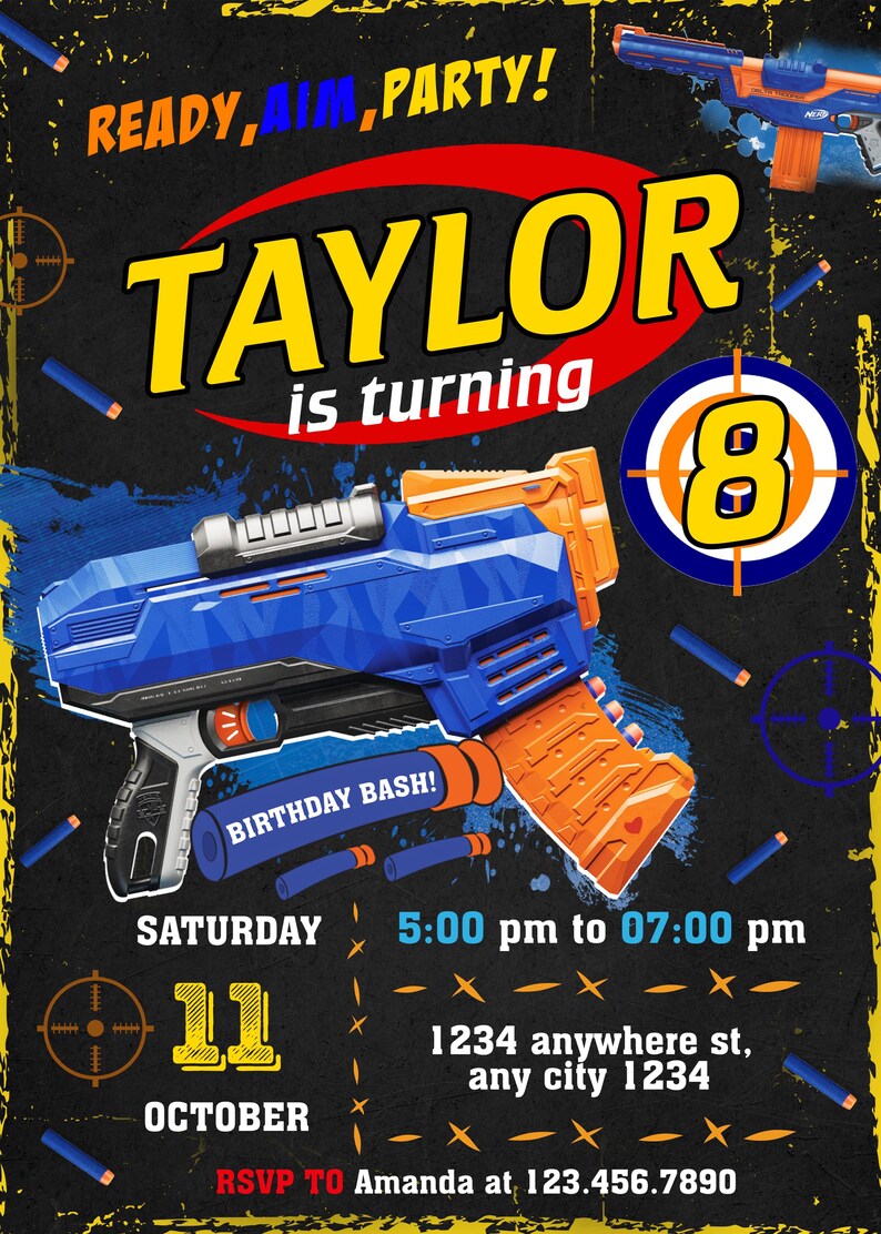 Editable Nerf Birthday Invitation Template, Printable Birthday Nerf Party Invitations, Digital ...