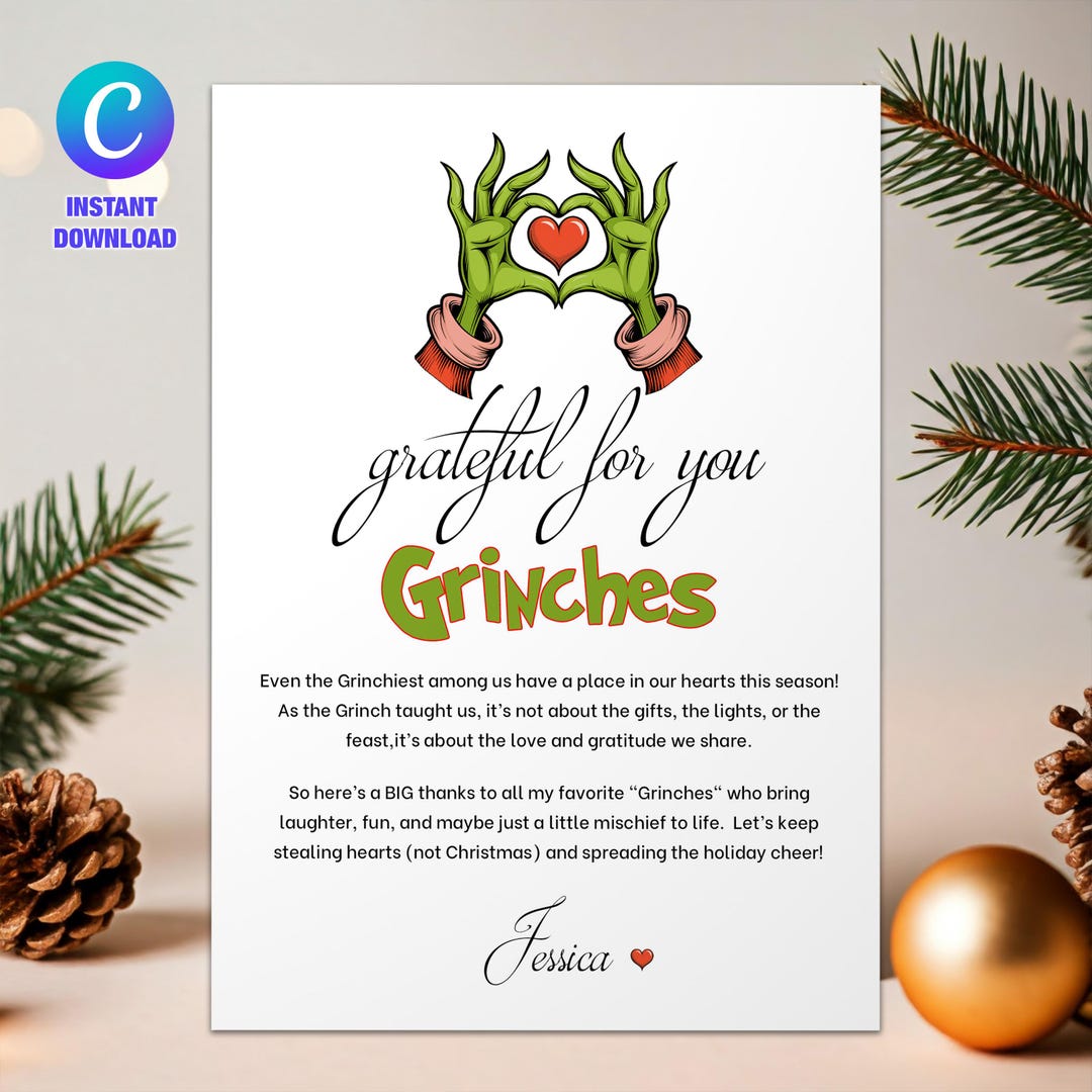 Grateful for You Grinches Christmas Party Welcome Note, Grinch ...