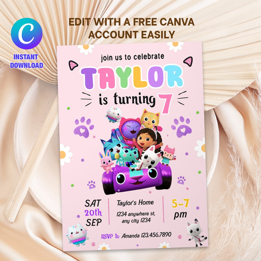 Editable Gabbys Dollhouse Birthday Invitation Template, Printable ...