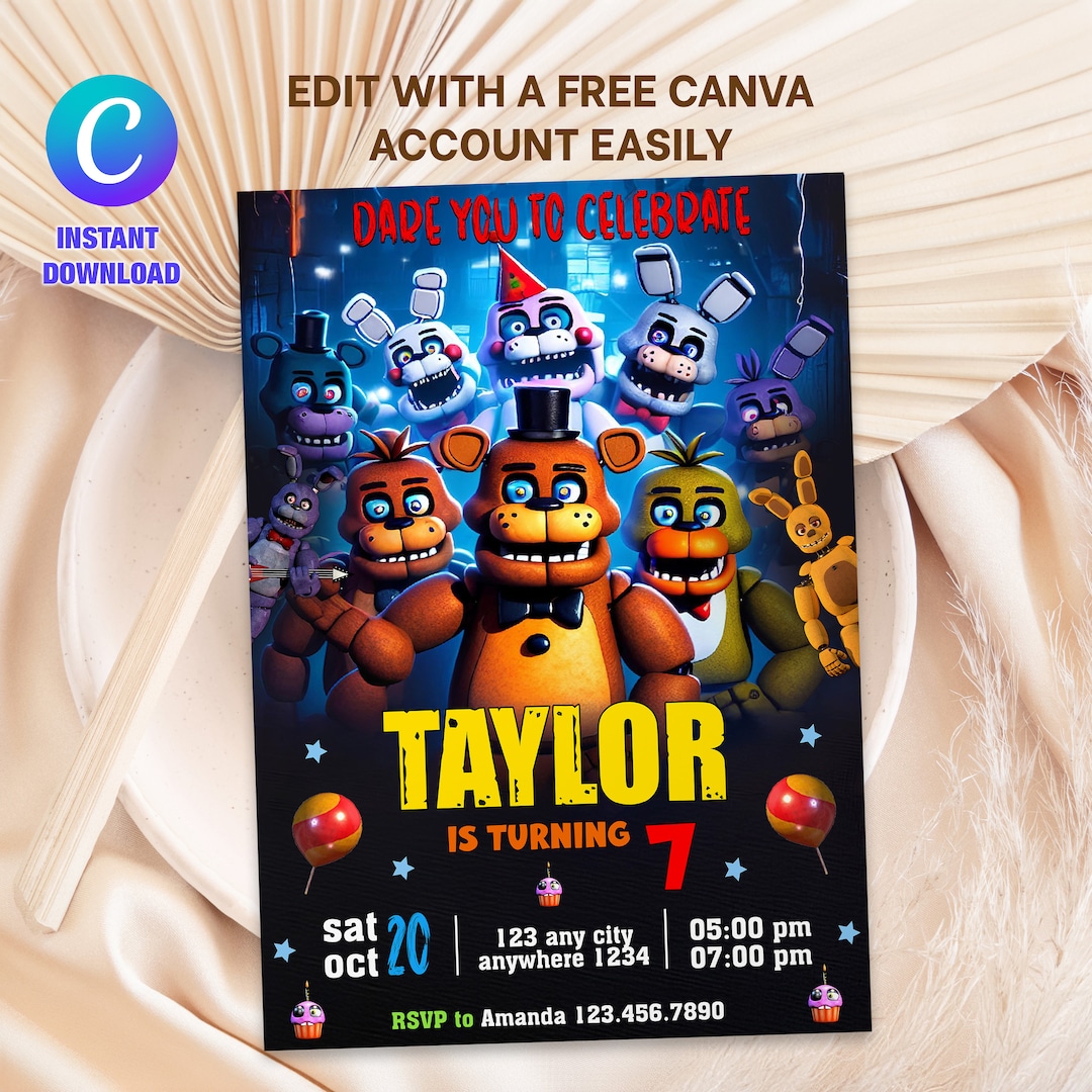 Editable Five Nights at Freddys Birthday Invitation,for Boy & Girl Kids ...