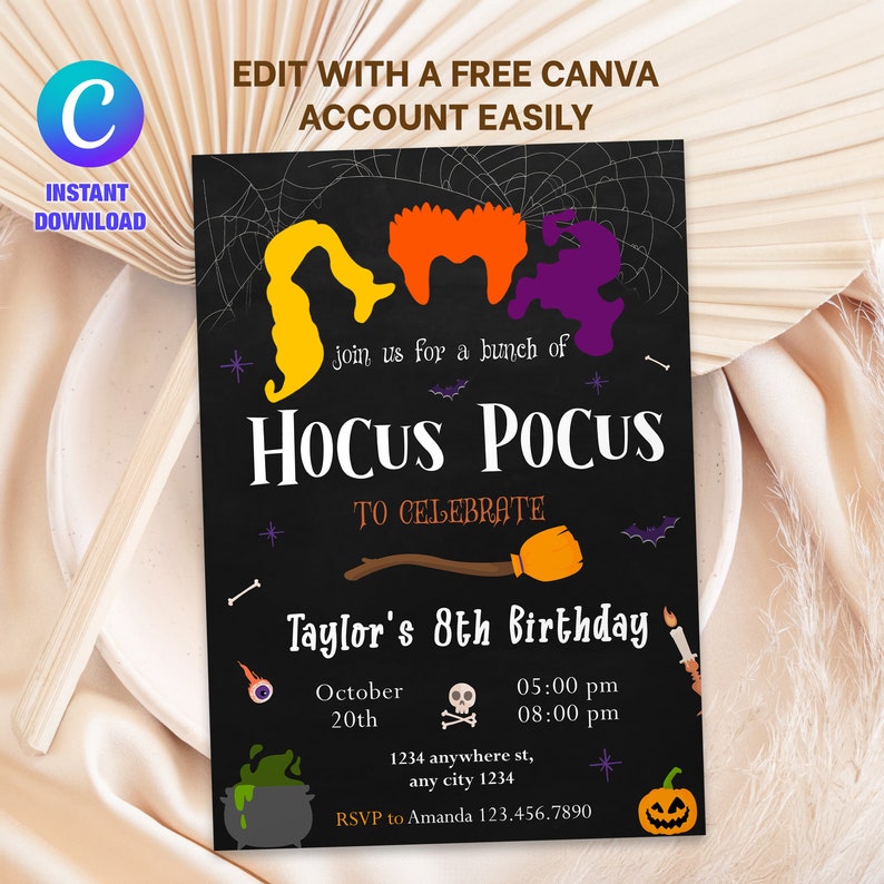 Editable Hocus Pocus Birthday Invitation Template, Printable Birthday Party Invitations ...