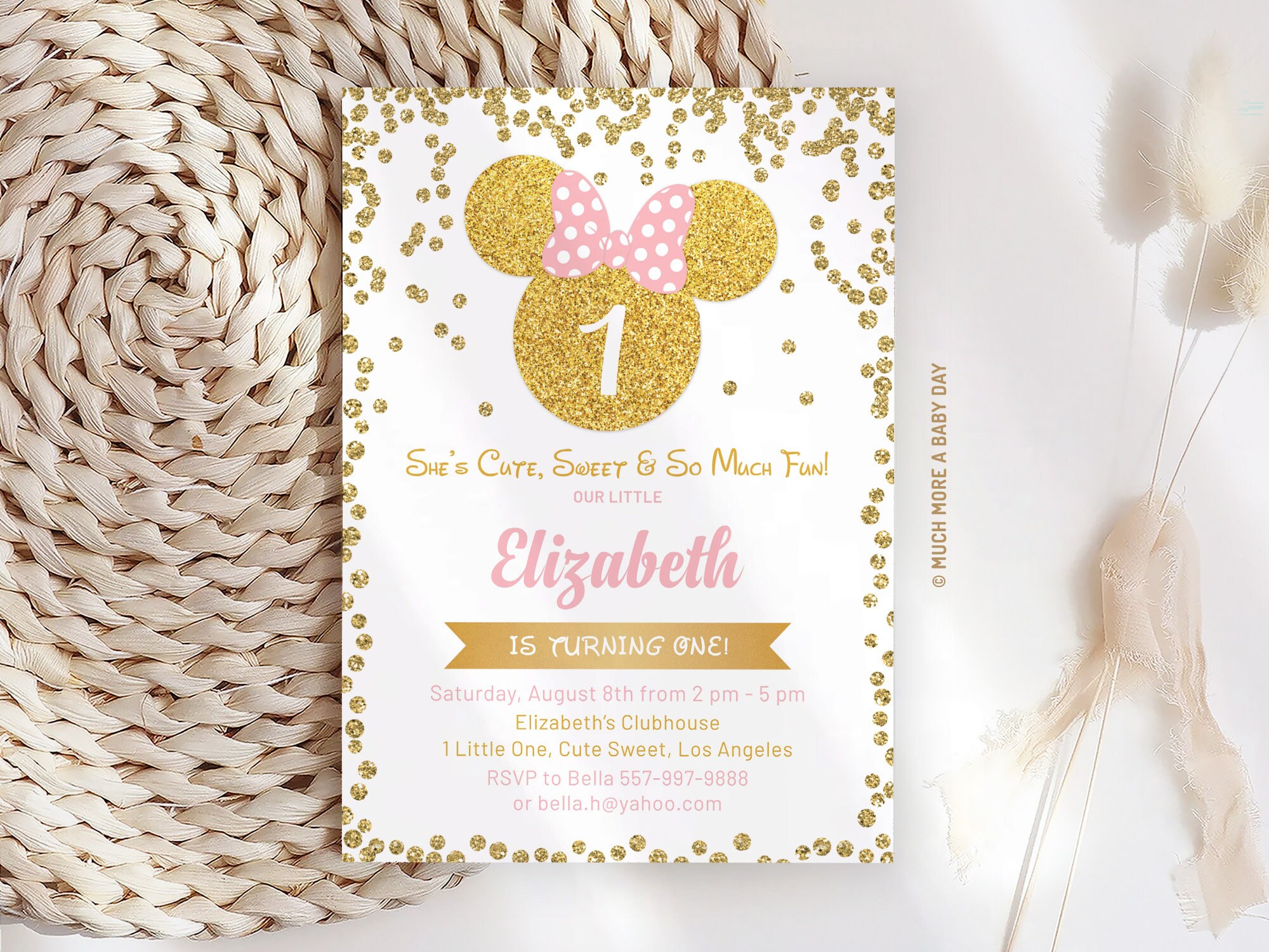1st Birthday Minnie Mouse Invitation Template, Pink Bow Minnie One ...