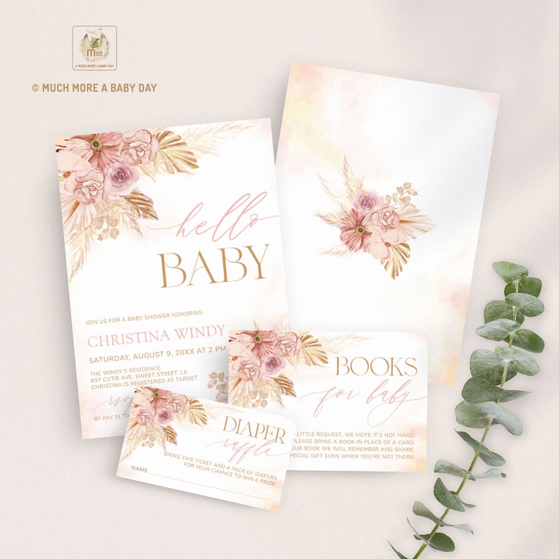 Editable Hello Baby Shower Invitations Pampas, Blush Pink Floral Baby ...