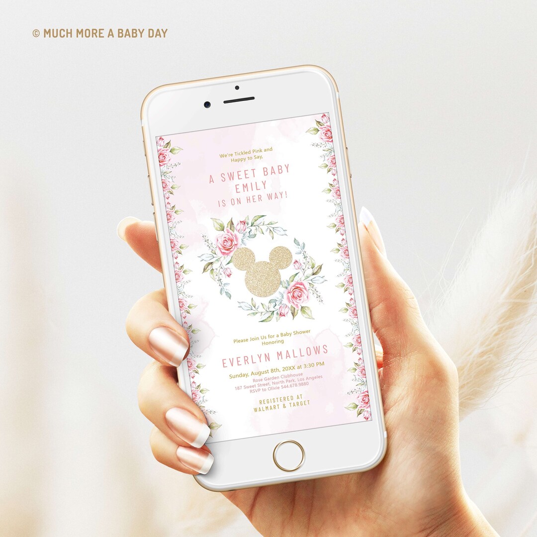 Pink and Gold Minnie Mouse Baby Shower Paperless Invitation, Electronic ...