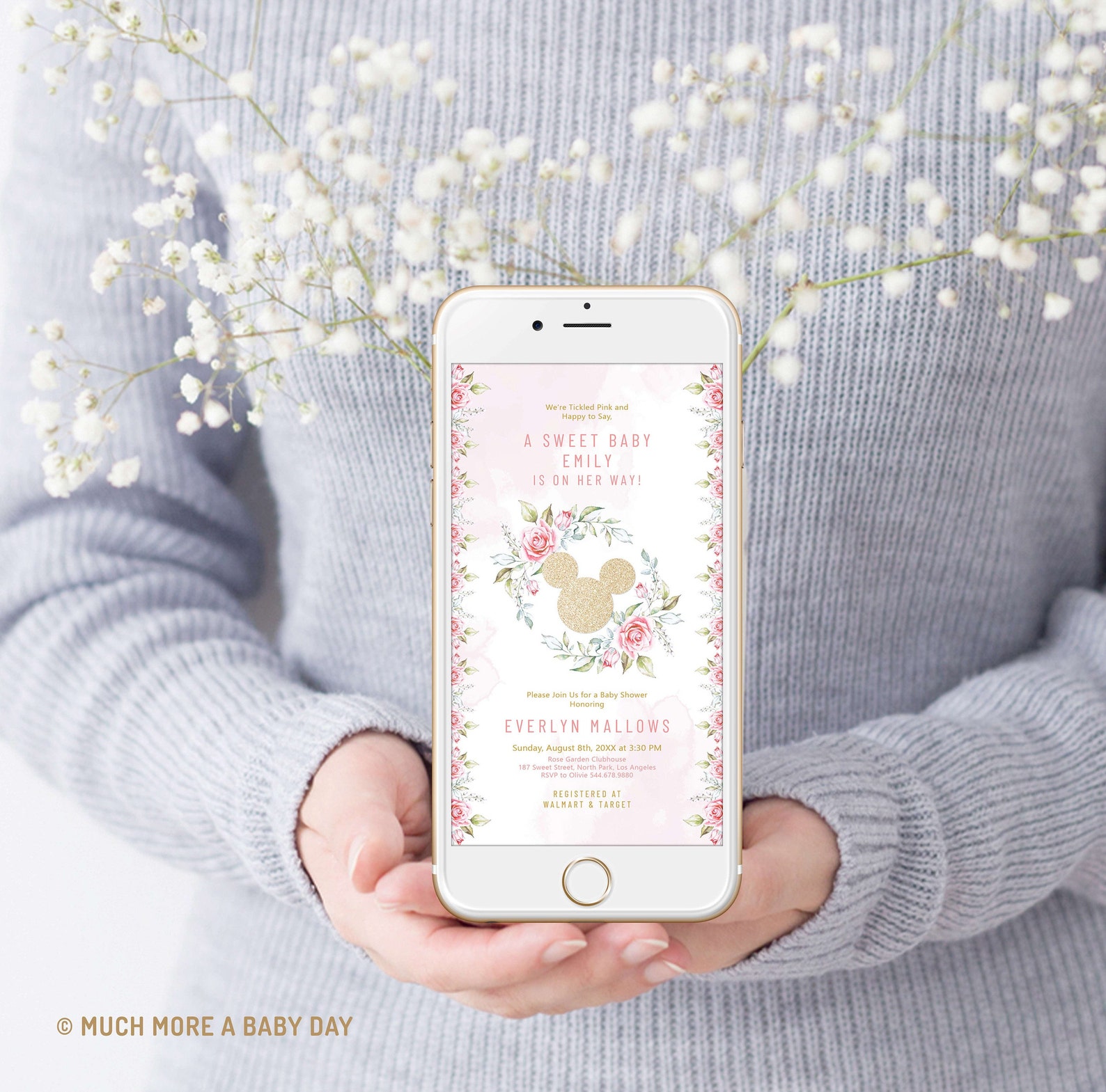 Pink and Gold Minnie Mouse Baby Shower Paperless Invitation, Electronic ...