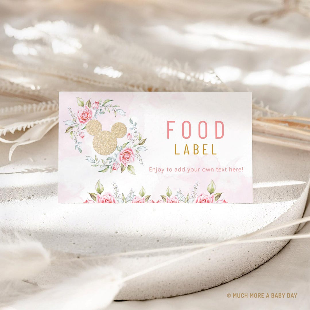 Pink and Gold Minnie Mouse Food Labels, Tent Card Template, Girl Baby ...