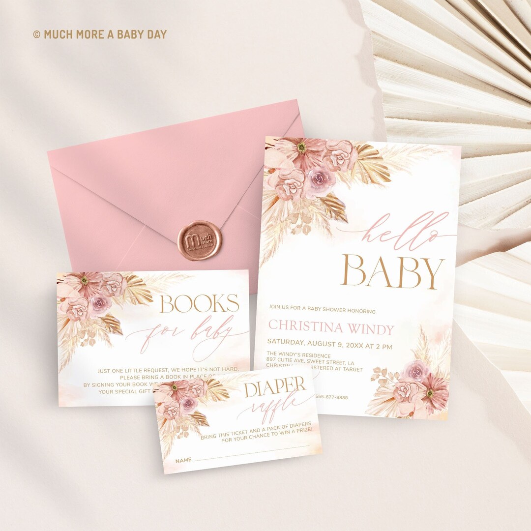 Editable Hello Baby Shower Invitations Pampas, Blush Pink Floral Baby ...