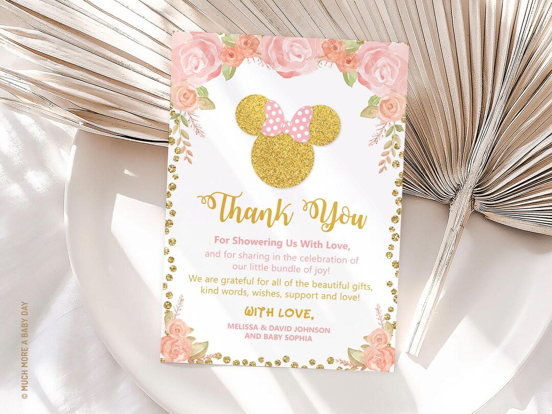 Pink Floral Minnie Mouse Thank You Template, Pink Gold Girl Baby Shower ...