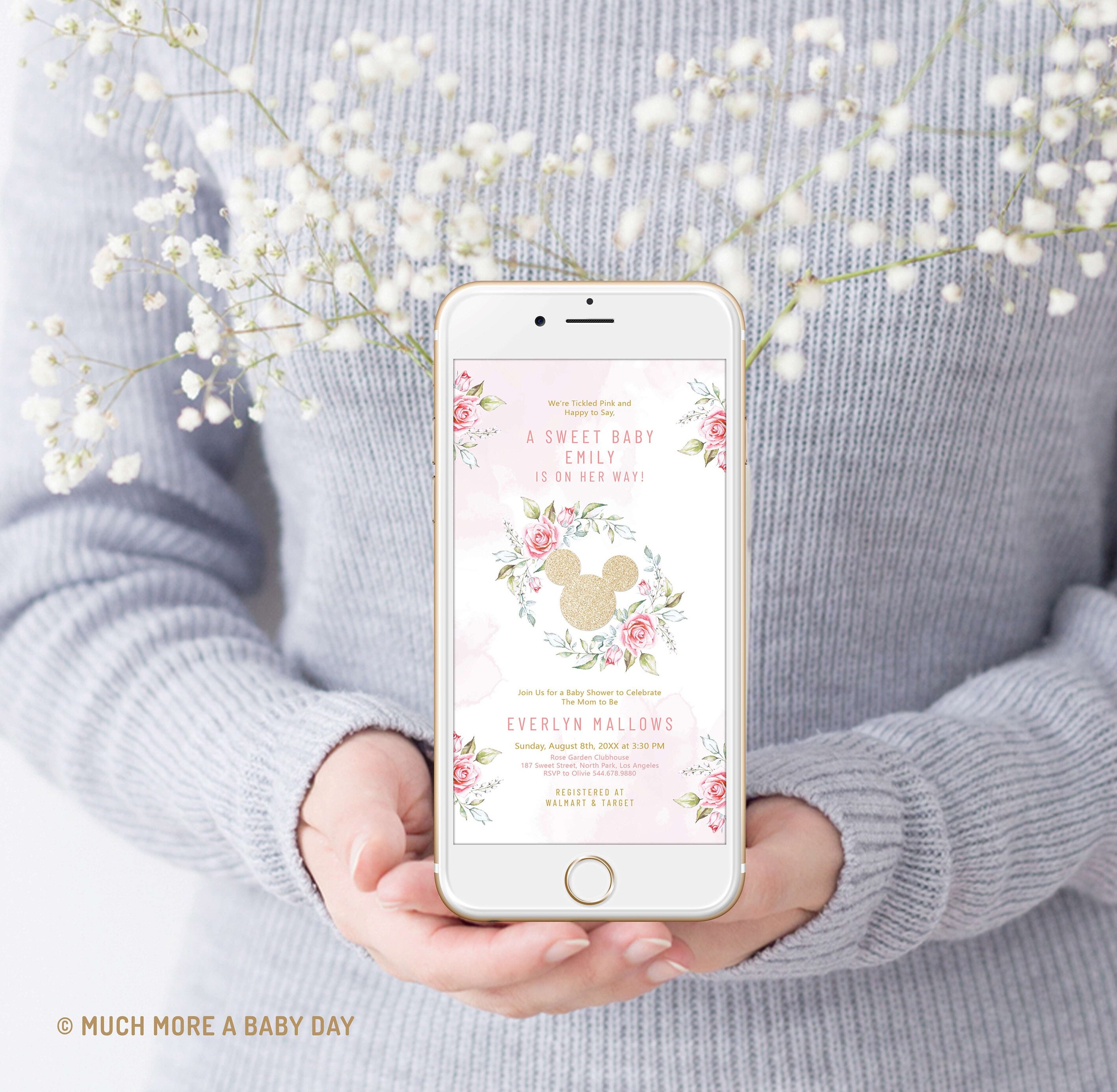 Pink Floral Minnie Mouse Baby Shower Evite Invitation Girl Template ...