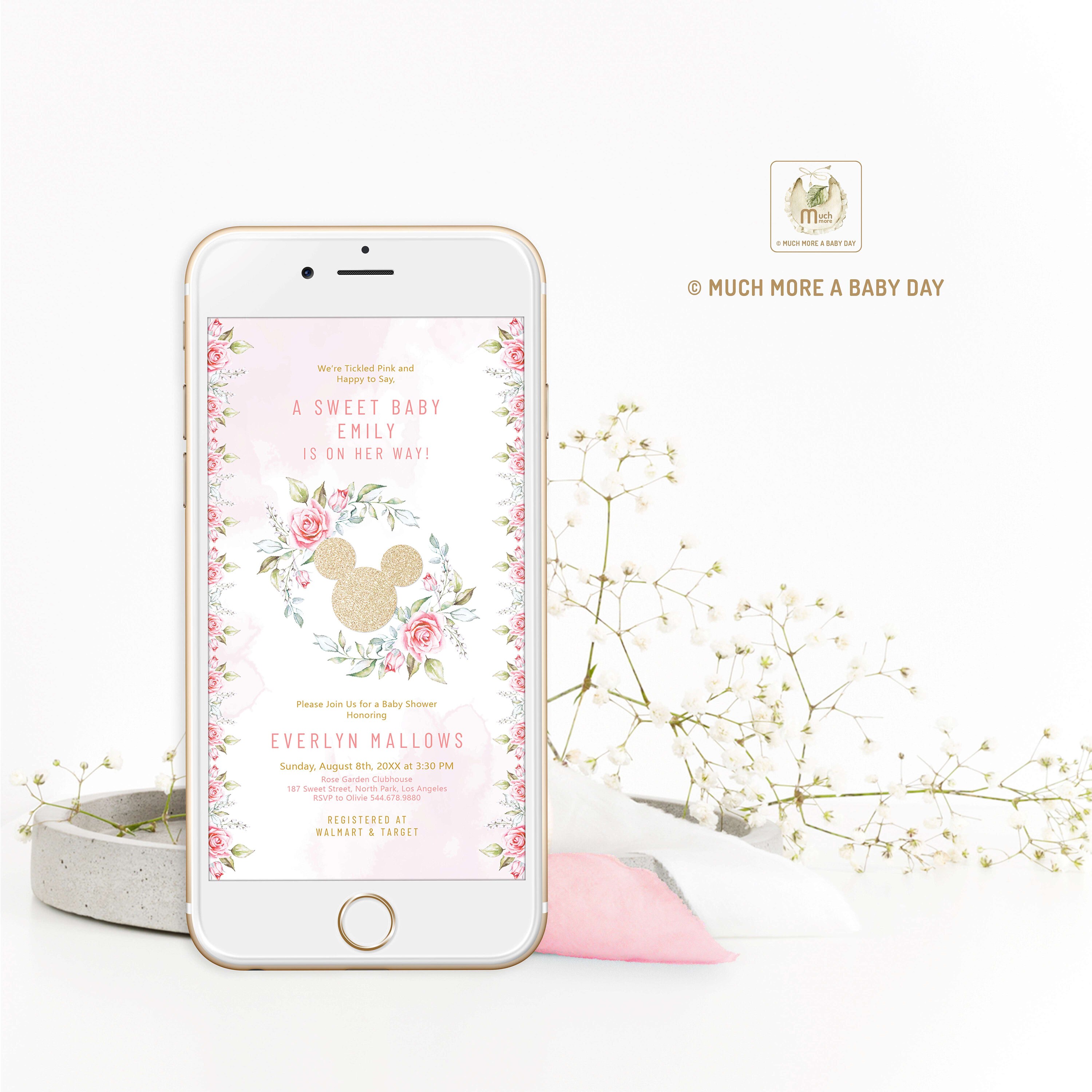 Pink and Gold Minnie Mouse Baby Shower Paperless Invitation, Electronic ...