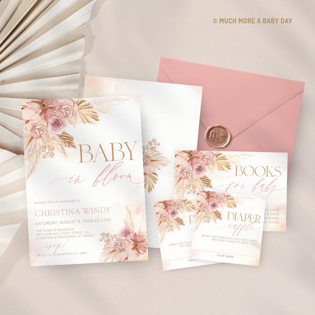 Pink Baby in Bloom Invitation Digital, Boho Pampas Baby Shower Invite ...