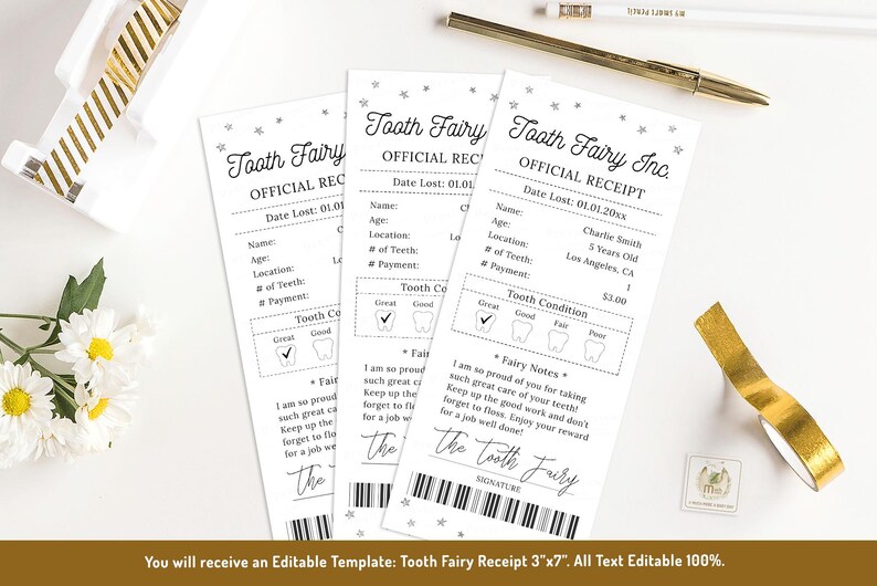 Editable Tooth Fairy Receipt Printable Certificate, Realistic Tooth ...