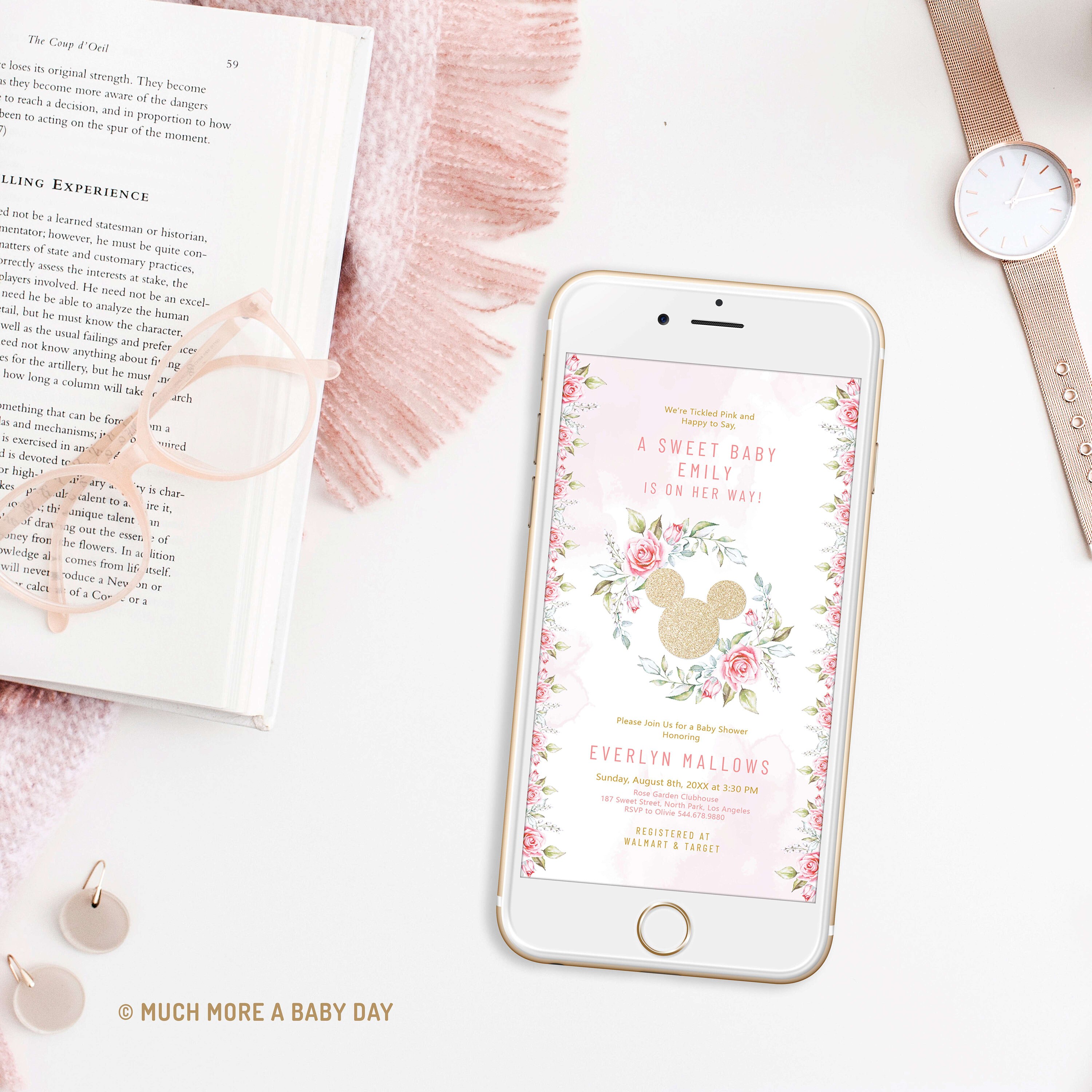 Pink and Gold Minnie Mouse Baby Shower Paperless Invitation, Electronic ...