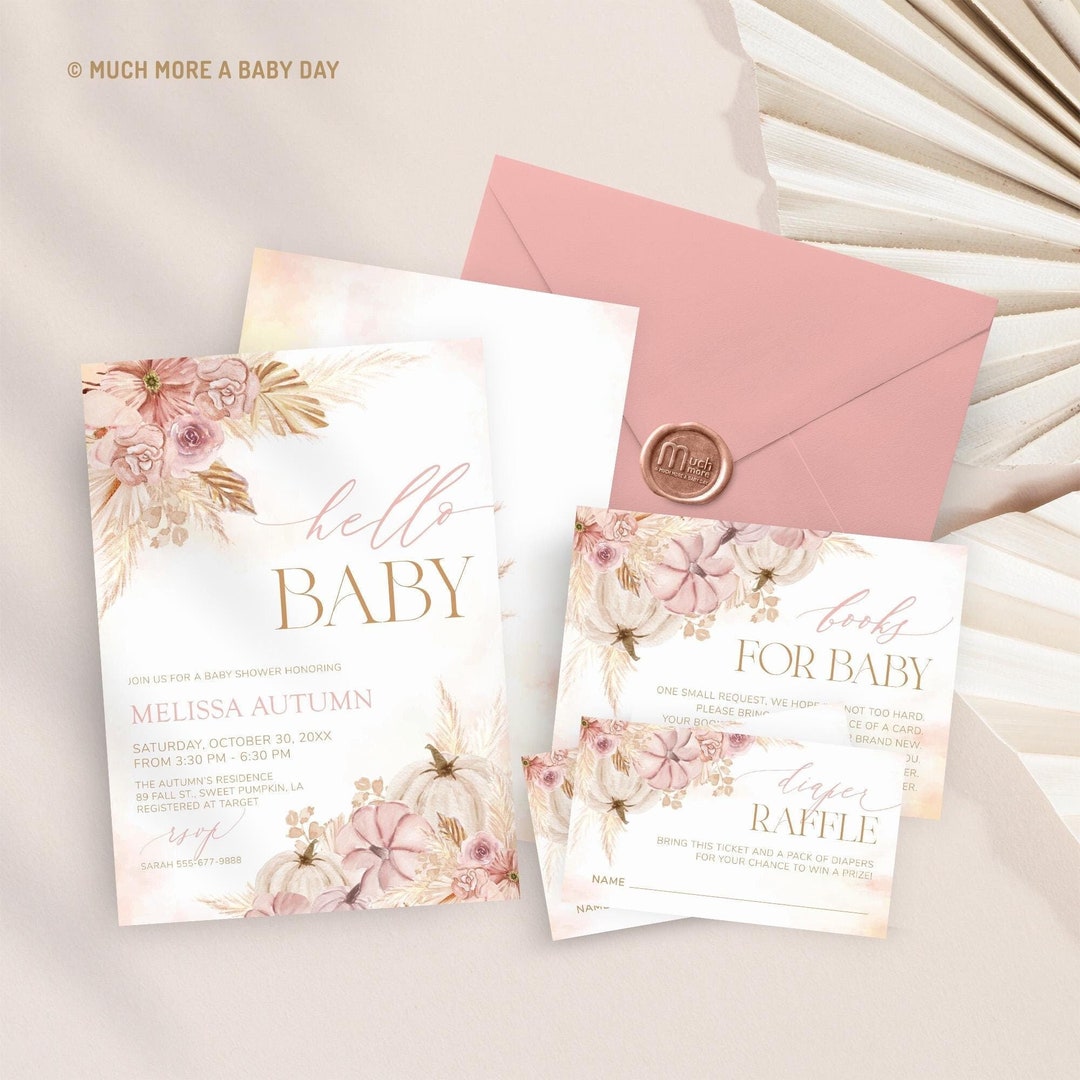 Pink Pumpkin Baby Shower Invite Girl, Hello Baby Invitation Set, Pampas ...