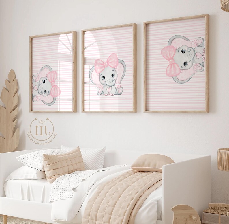Blush Pink Bow Elephant Animal Nursery Prints for Girls, Set of 3 Pink ...