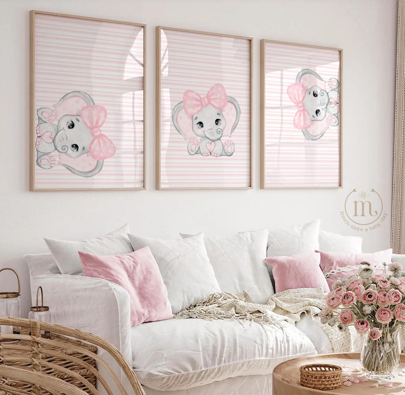 Blush Pink Bow Elephant Animal Nursery Prints for Girls, Set of 3 Pink ...