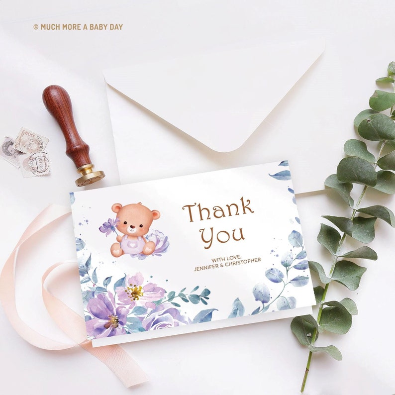 Teddy Bear Girl Thank You Printable, Purple Floral Baby Shower Thank ...