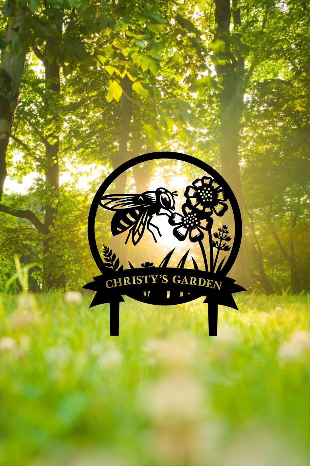 Custom Bee Garden Sign Stake, Custom Honey Bee Sign, Metal Bee Flowers ...