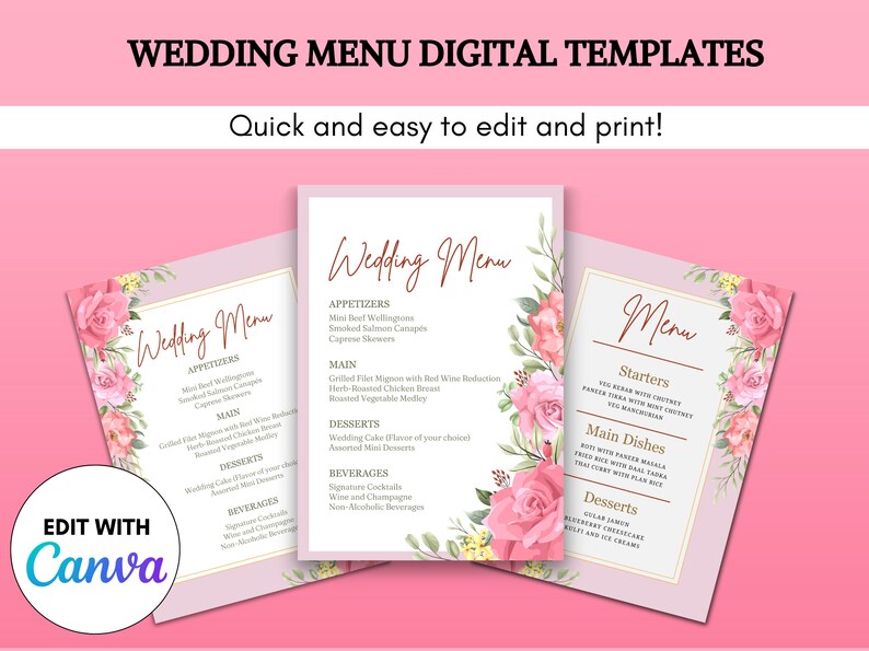 Romantic Wedding Menu Template | Printable Menu Card | Wedding Menu ...