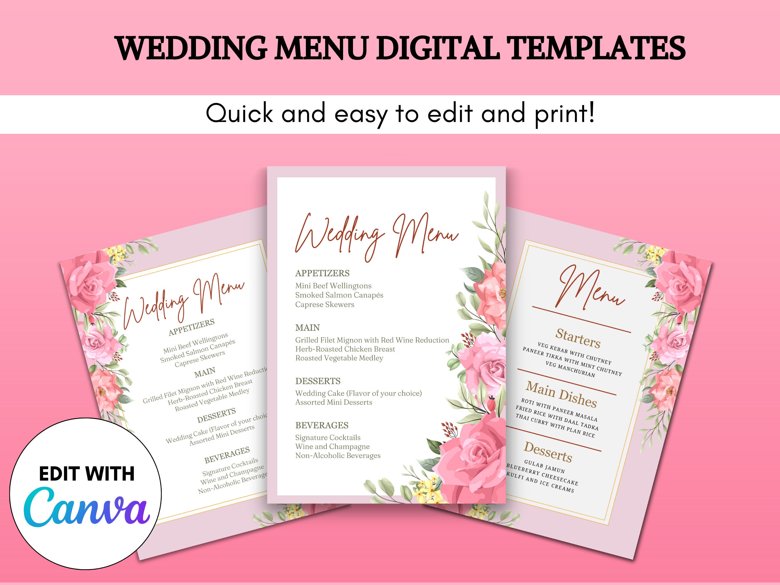 Romantic Wedding Menu Template Printable Menu Card Wedding Menu Card ...