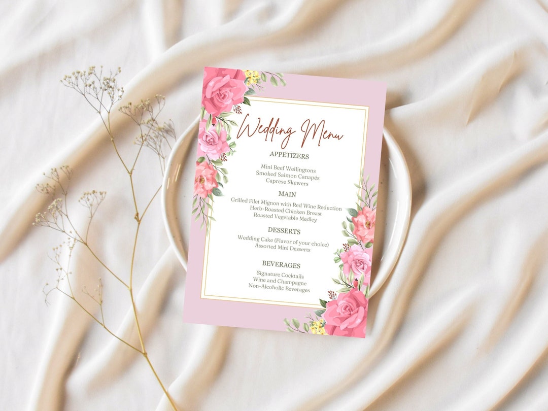 Romantic Wedding Menu Template Printable Menu Card Wedding Menu Card ...