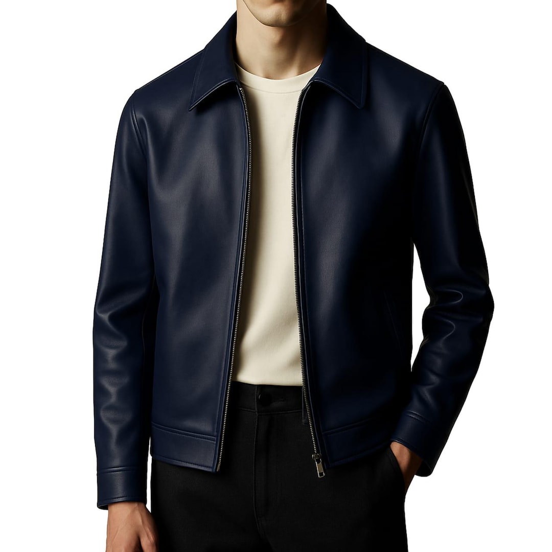Handmade Navy Blue Leather Jacket for Men | Minimalist Zip-up Leather ...
