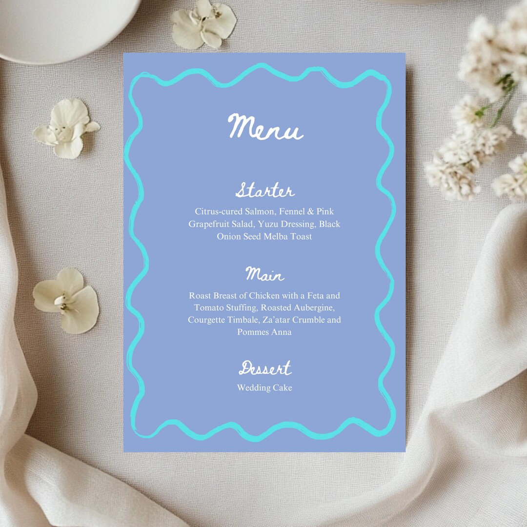 Modern Dinner Menu Template A5, Squiggly Edge Menu, Blue or Burnt ...