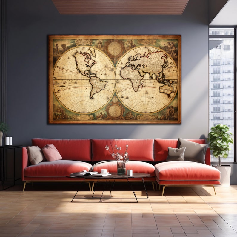 Vintage Map Printed Tempered Glass Wall Art, Old World Map, Glass ...