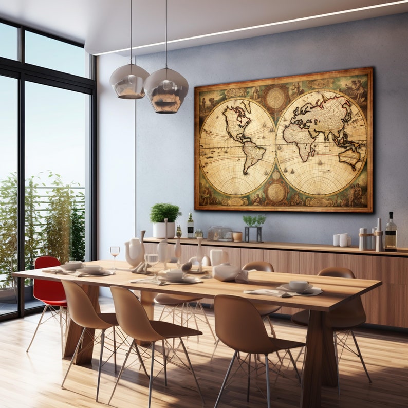Vintage Map Printed Tempered Glass Wall Art, Old World Map, Glass ...
