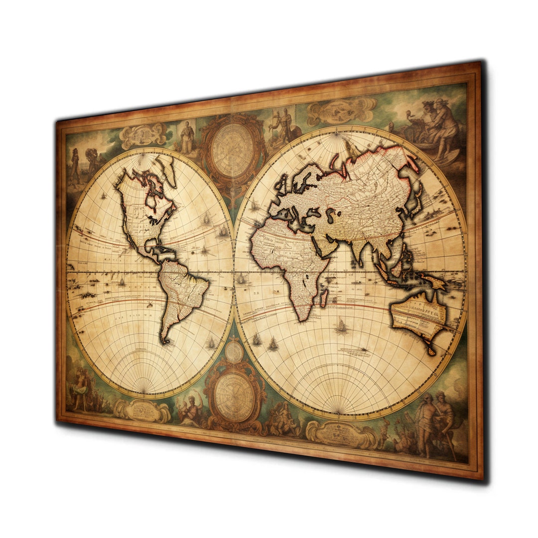 Vintage Map Printed Tempered Glass Wall Art, Old World Map, Glass ...