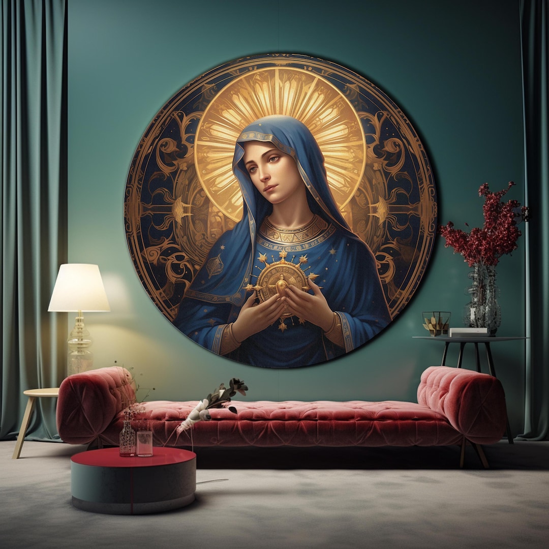 Virgin Mary Round Tempered Glass Wall Art, Circle Wall Art Gift, Glass ...