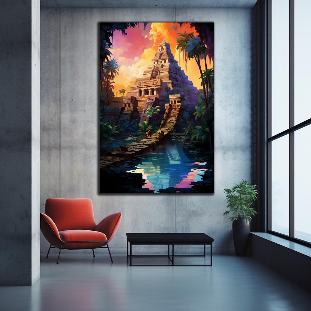 Mayan Wall Art, Sunset Scene Wall Art, Aztec Wall Art, Tempered Glass ...
