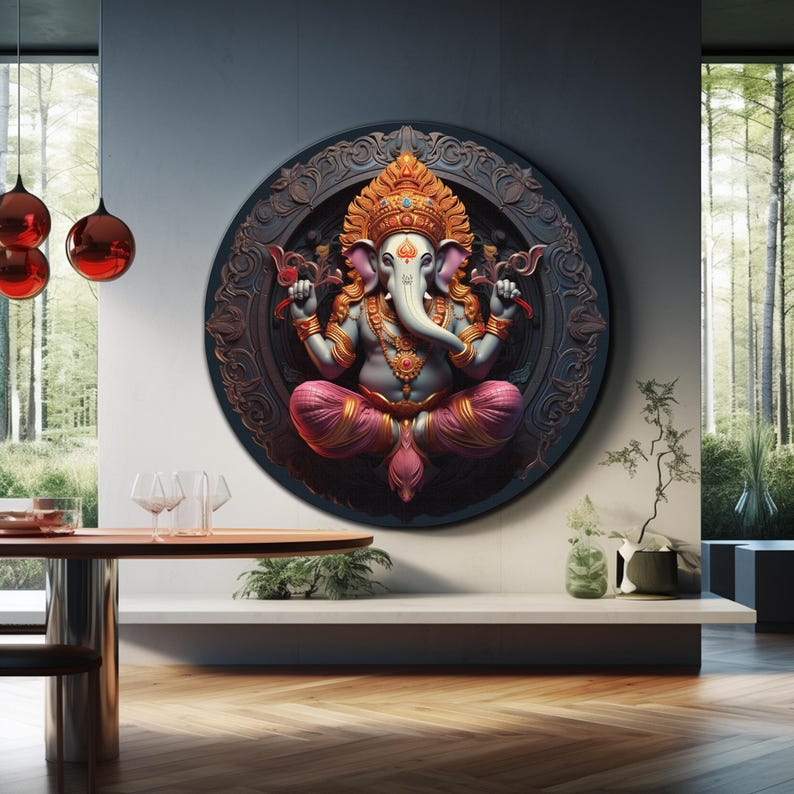 Ganesh Wall Art, Tempered Glass Wall Art, Round Glass Art, Circle Wall ...