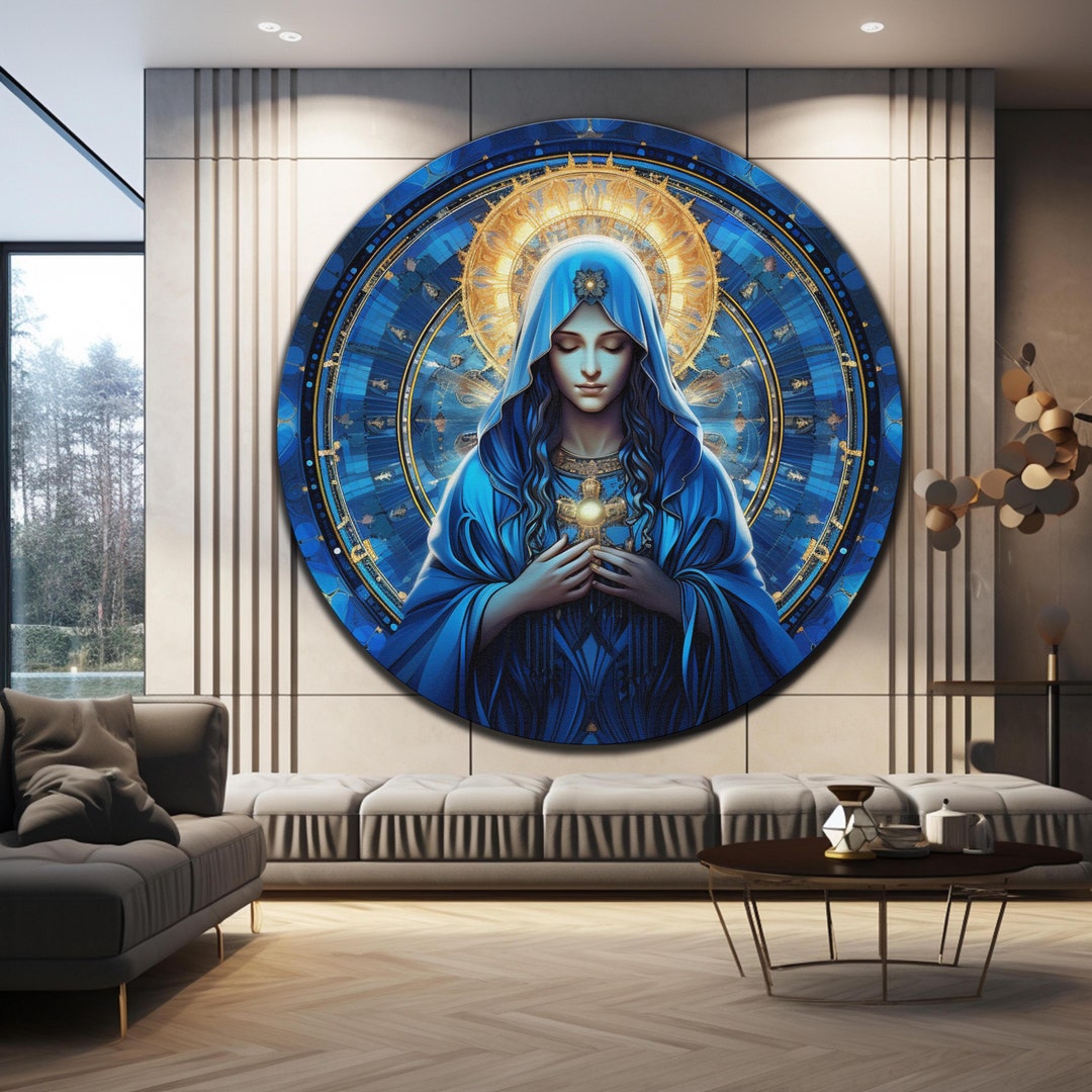 Virgin Mary Round Tempered Glass Wall Art, Circle Wall Art Gift, Glass ...