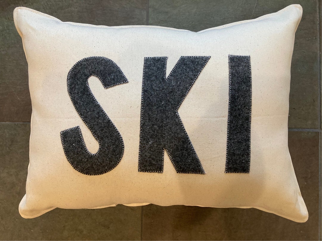 Ski Chalet Alpine Pillow About 12x 16 With Grey Felt on Natural Canvas ...