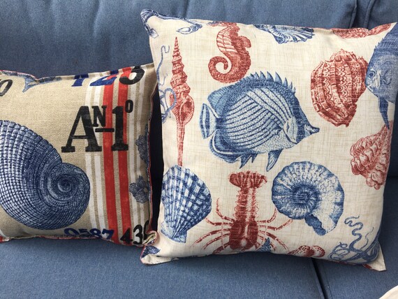 SET of TWO Sea Life Nautical Beach House Pillows Navy Blue - Etsy