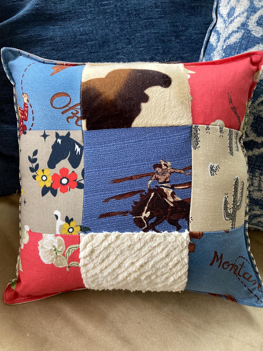 NEW Vintage Style Cowboy Pillow in Blue Red Cow About 12"x12" With a ...