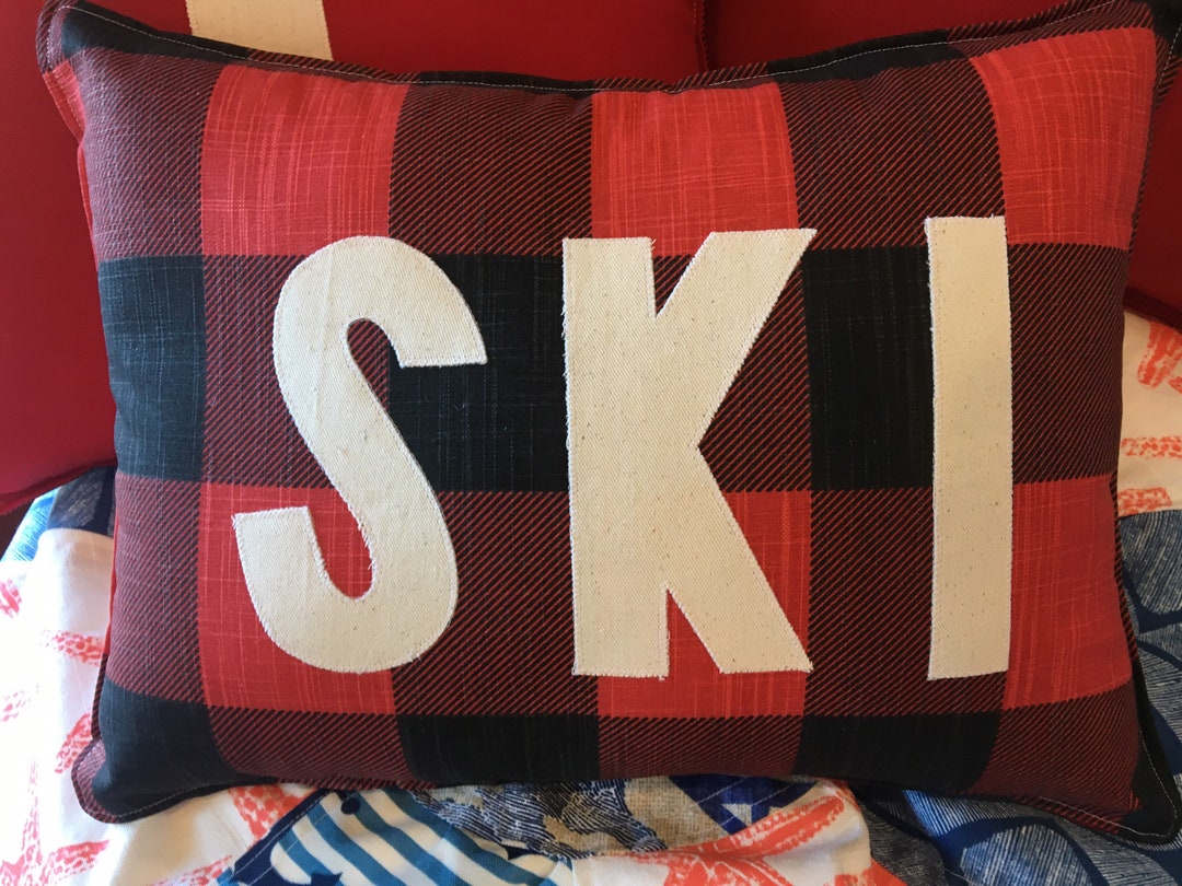 NEW SKI Chalet Alpine Pillow About 12x16 With Buffalo Plaid and Red ...