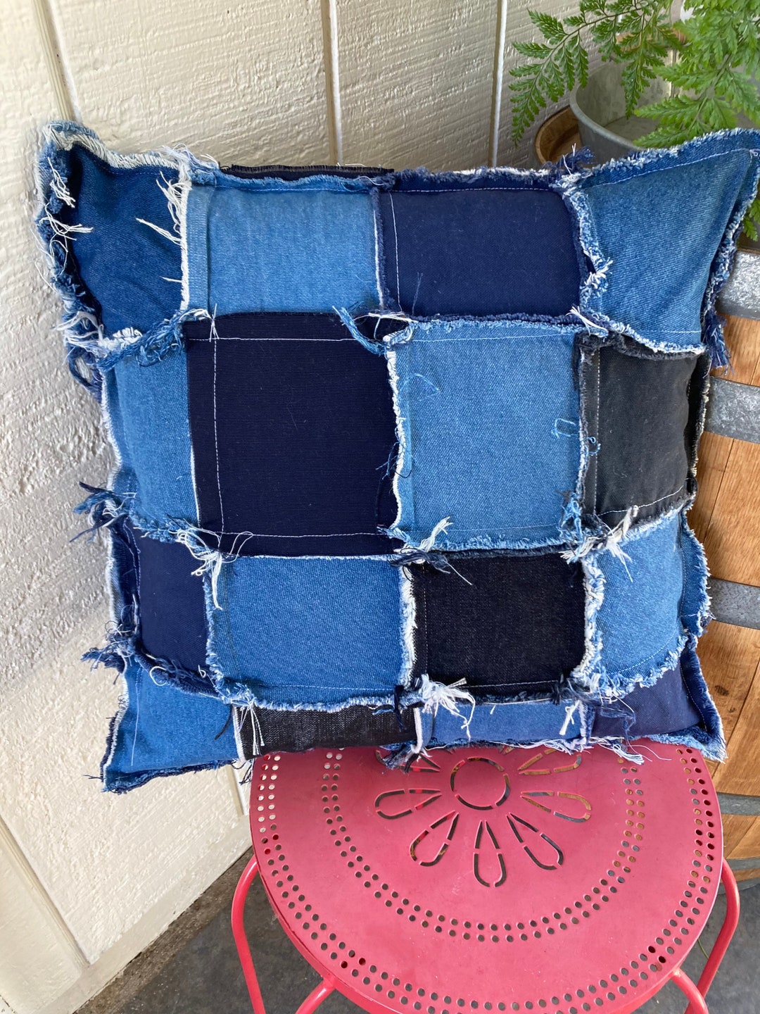 Navy Canvas and Denim Rustic Pieced and Frayed Denim Blue Jean Pillow ...