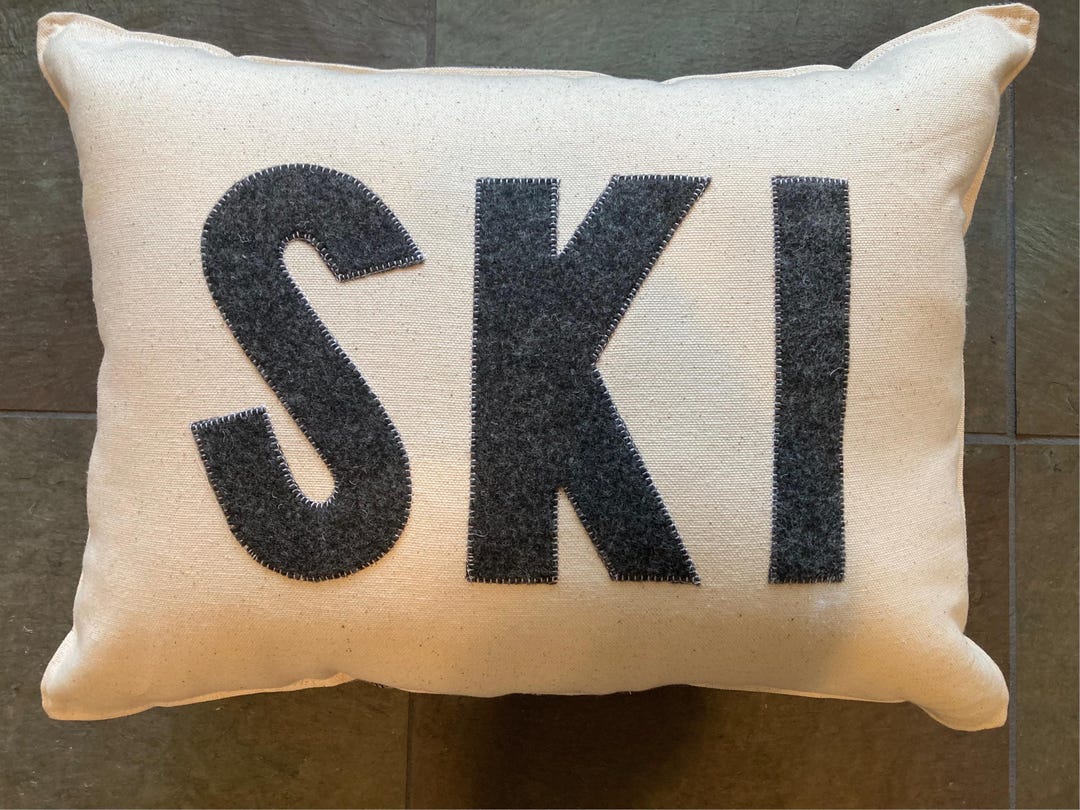 Ski Chalet Alpine Pillow About 12"x 16" With Grey Felt on Natural ...