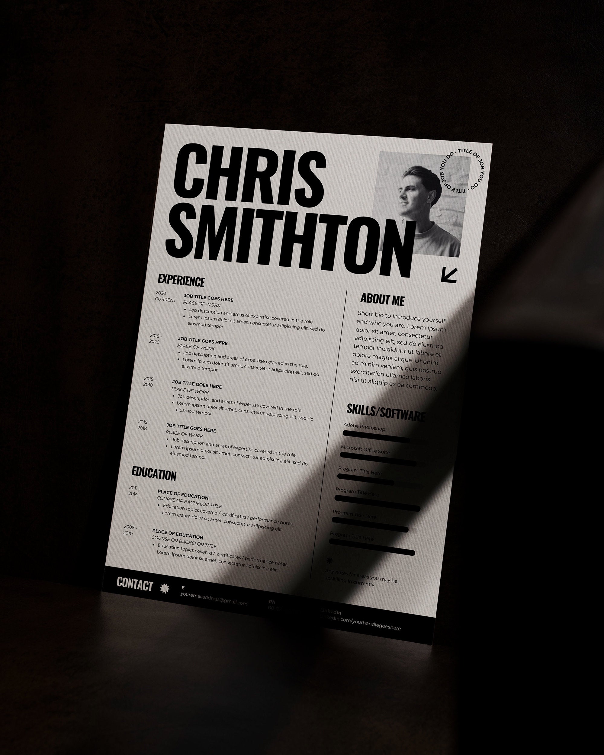 Resume CV Template: Modern Bold Mono • Canva & Microsoft Word • Instant ...