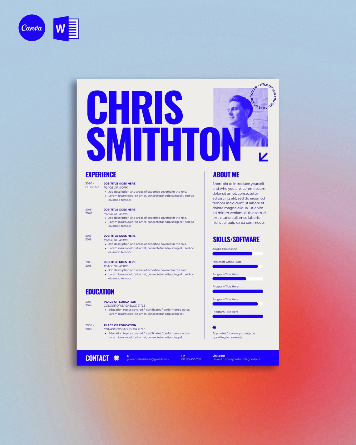 Resume CV Template: Modern Bold Blue • Canva & Microsoft Word • Instant ...