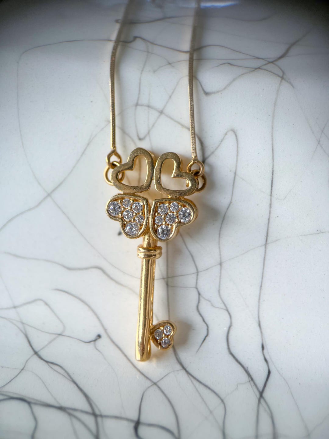 Vintage 14k Yellow Gold Heart Four Leaf Clove Key With Czs With 14k ...