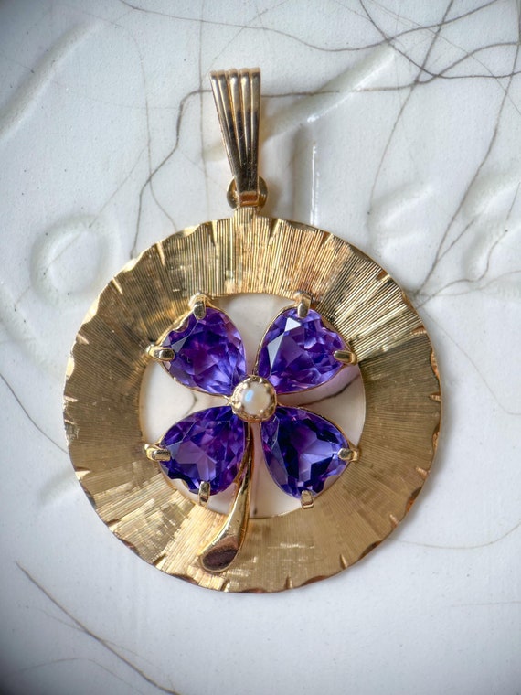 Vintage Engine Turned Four Leaf Clover Amethyst and P… - Gem
