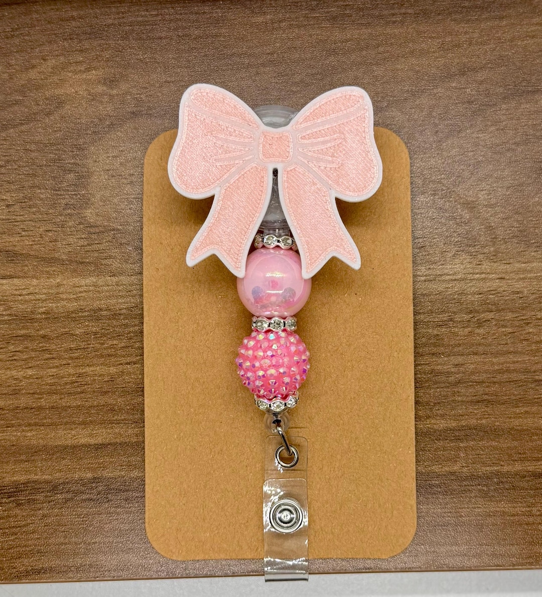 Pink Bow Badge Reel: Beaded Personalized ID Holder - Etsy