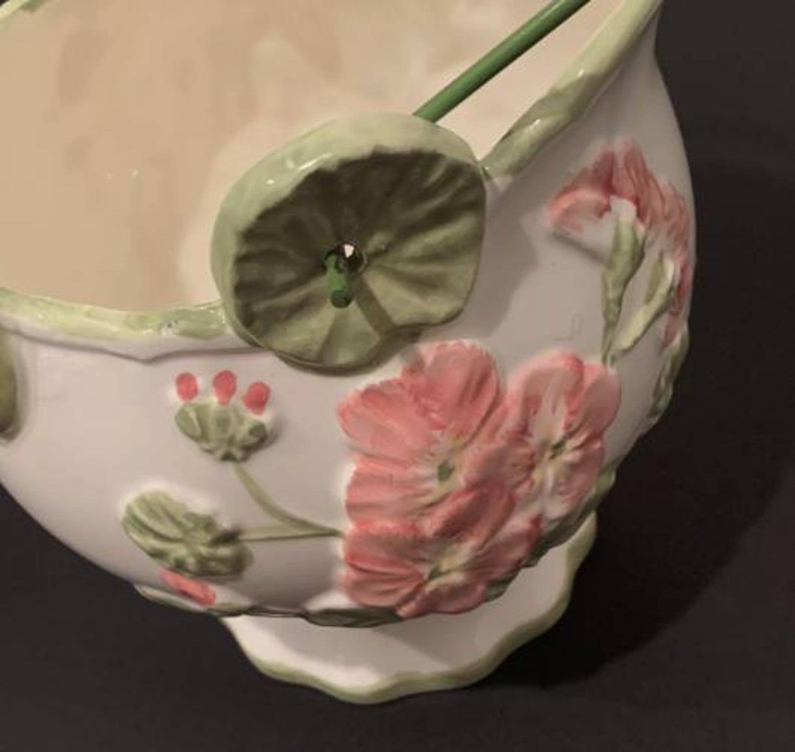 Vintage Porcelain Vase Pitcher Pink Flowers Green Wire Hanger Victorian ...