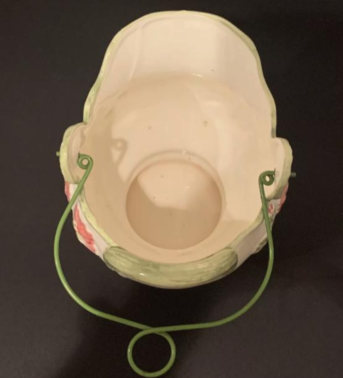 Vintage Porcelain Vase Pitcher Pink Flowers Green Wire Hanger Victorian ...