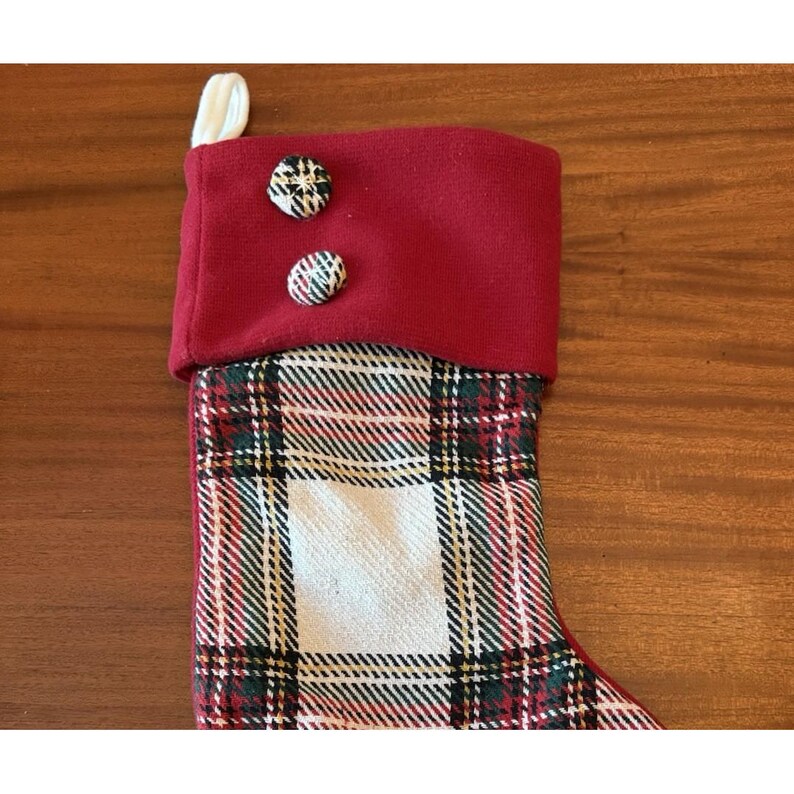 Classic Plaid Christmas Stocking 17" | Tweed Look Red Piping Buttons ...