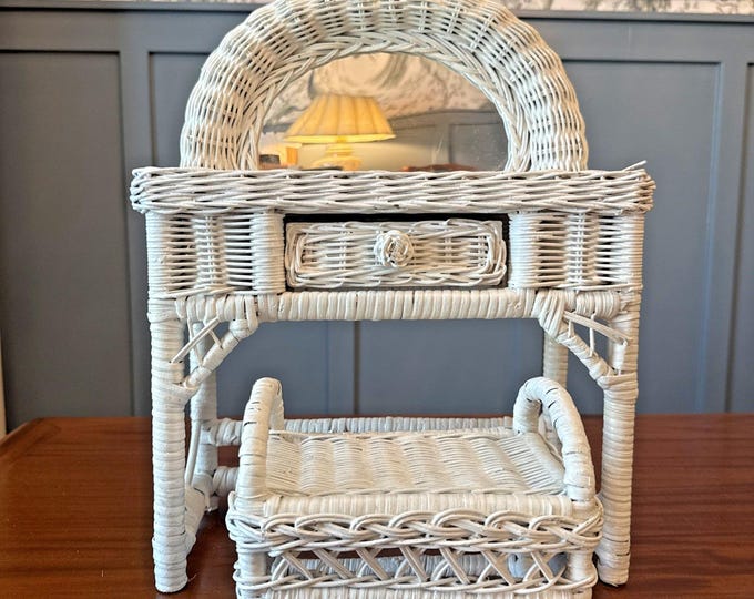 White Wicker Doll Makeup Vanity Dresser Table With Mirror & Bench Seat ...